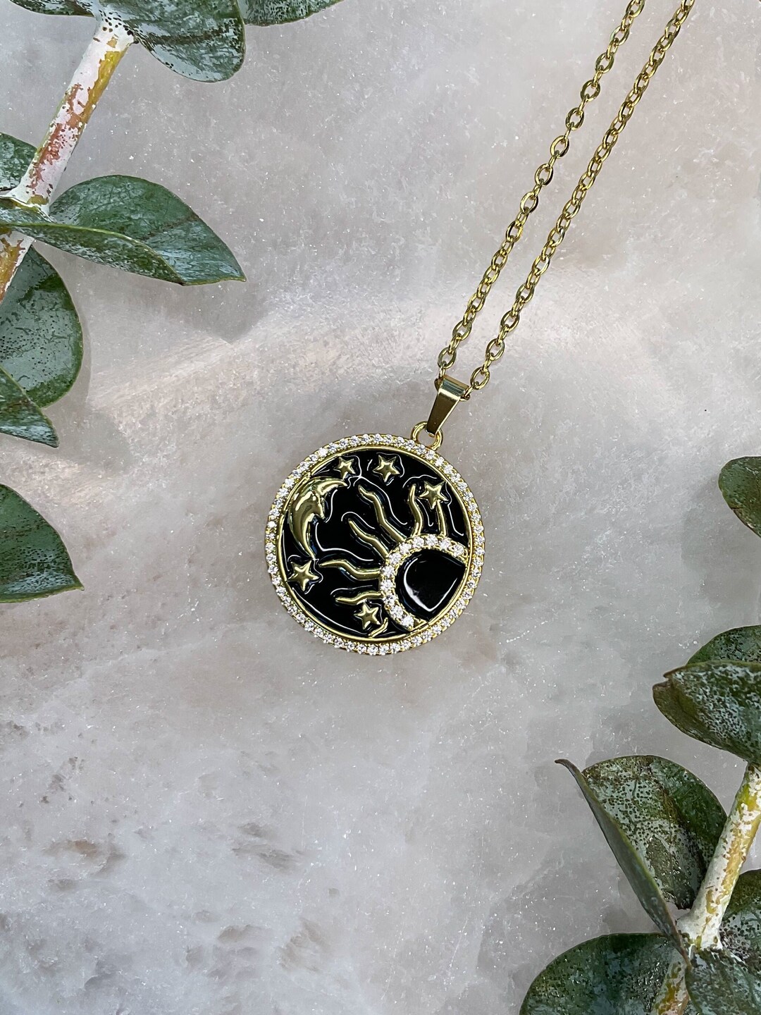 Sun & Moon Black and Gold Medallion Necklace | Crescent Half Moon ...