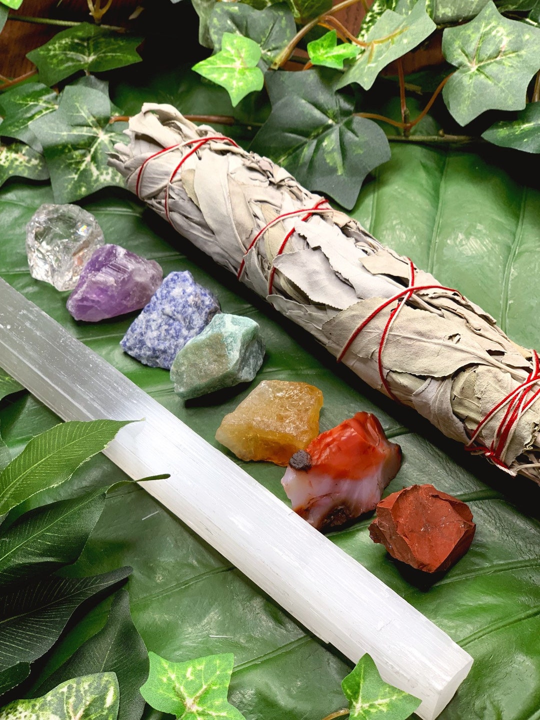 7 Chakras Raw Crystal Gift Set | 9in. Selenite Wand and 7in. Sage ...