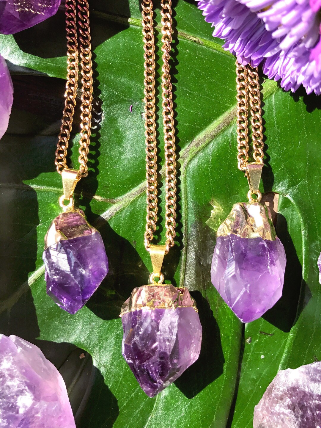 RAW AMETHYST Crystal Necklace on Antique Gold Chain | Purple Crystal ...