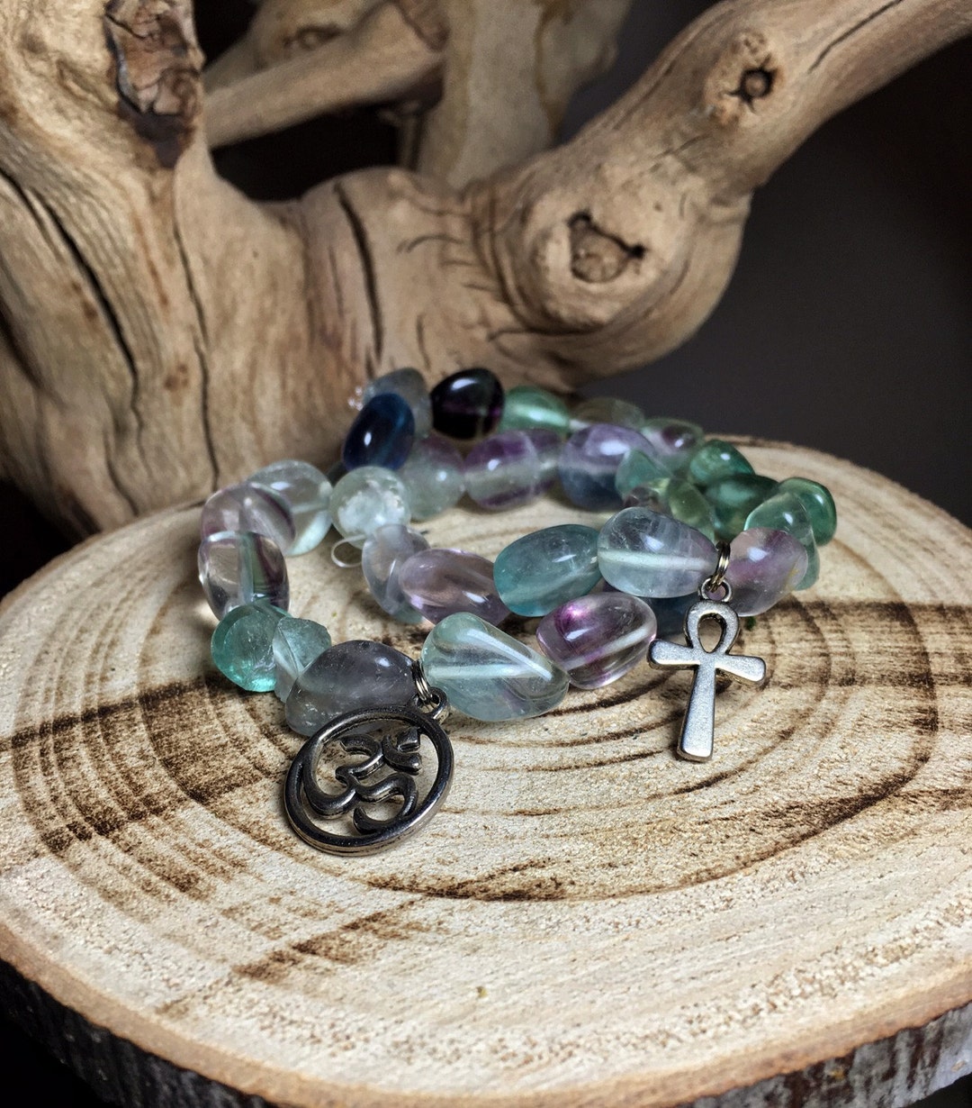FLUORITE Crystal Bracelet, Choose Custom Charm: Ankh Cross, Eye of Ra ...