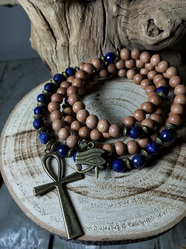108 Mala Beads | Ankh Necklace Rosewood & Lapis Lazuli Egyptian ...