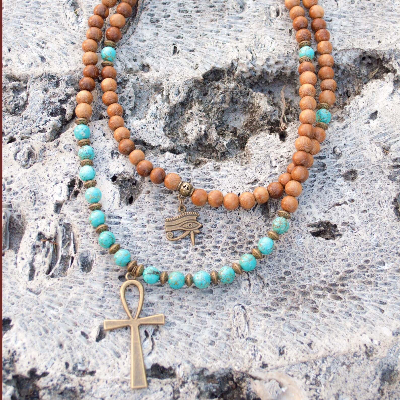 108 Mala Beads Ankh Necklace | Wood & Turquoise Howlite Mala | Yoga ...