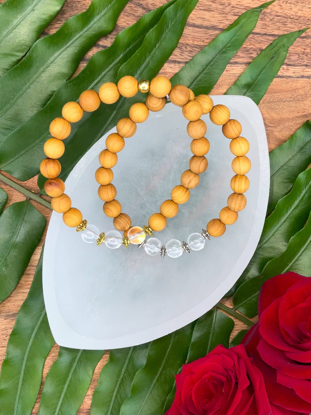 Sandalwood & Clear Quartz Bracelet | Crown 7th Seventh Chakra Bracelet for Peace, Spirituality ...