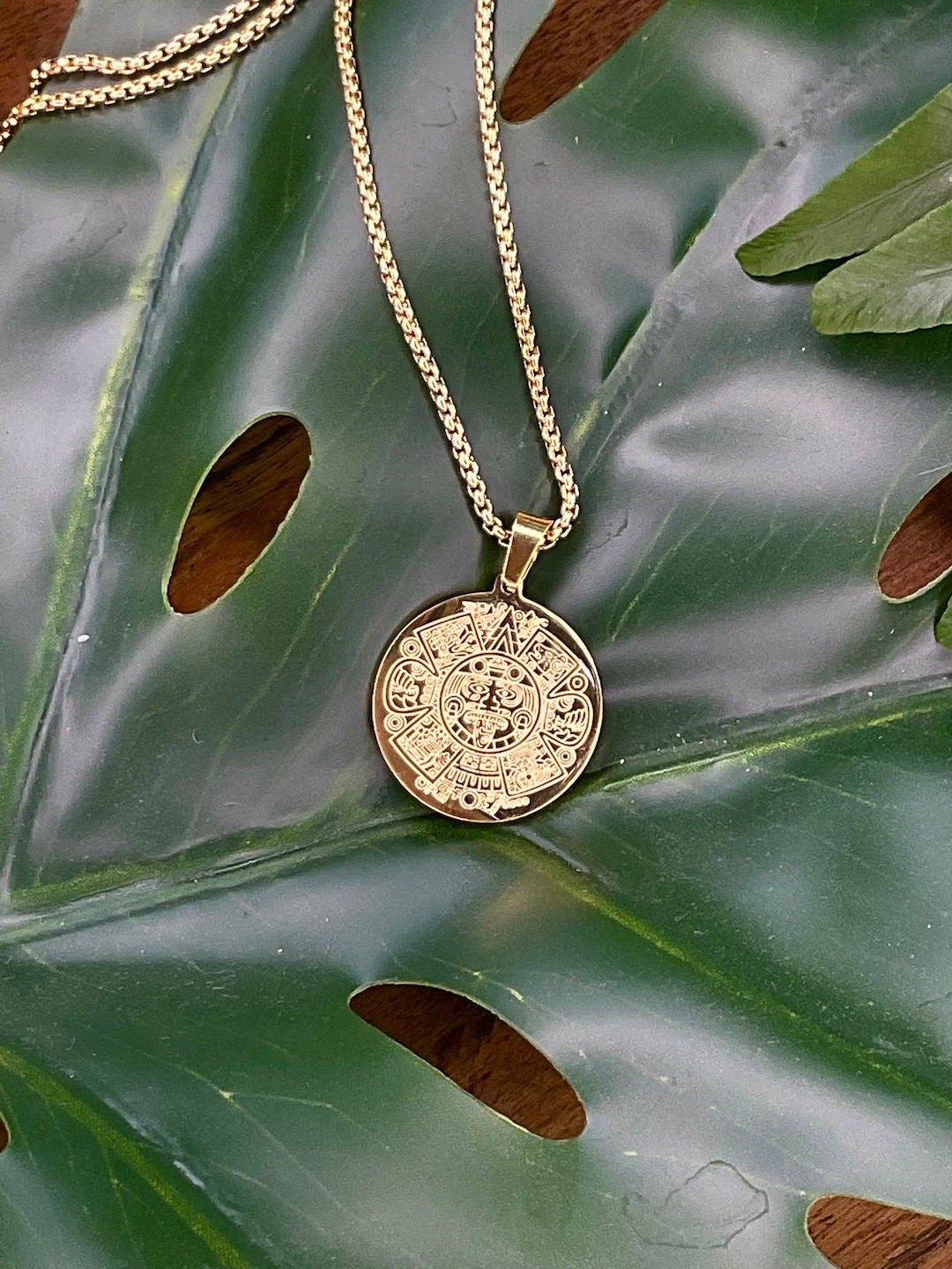 Aztec Hieroglyphs Gold Necklace, Mexican Calendar Gold Pendant, Aztec ...
