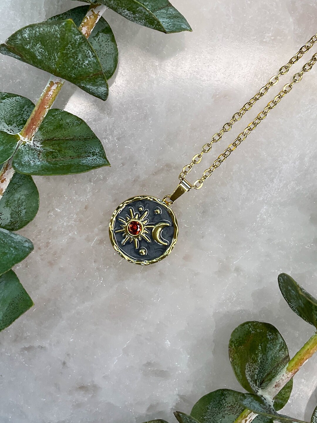Sun & Moon Grey and Gold Medallion Necklace | Crescent Half Moon ...