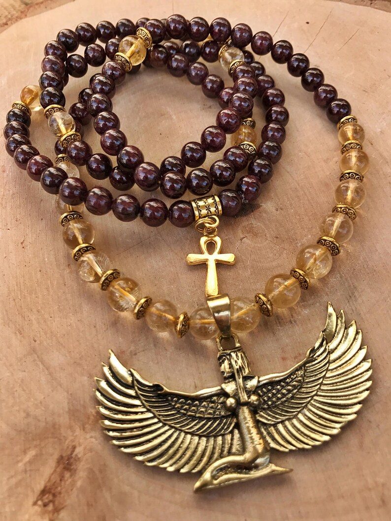 GARNET & CITRINE Mala Beads, Egyptian Goddess Isis | 108 Bead Crystal ...
