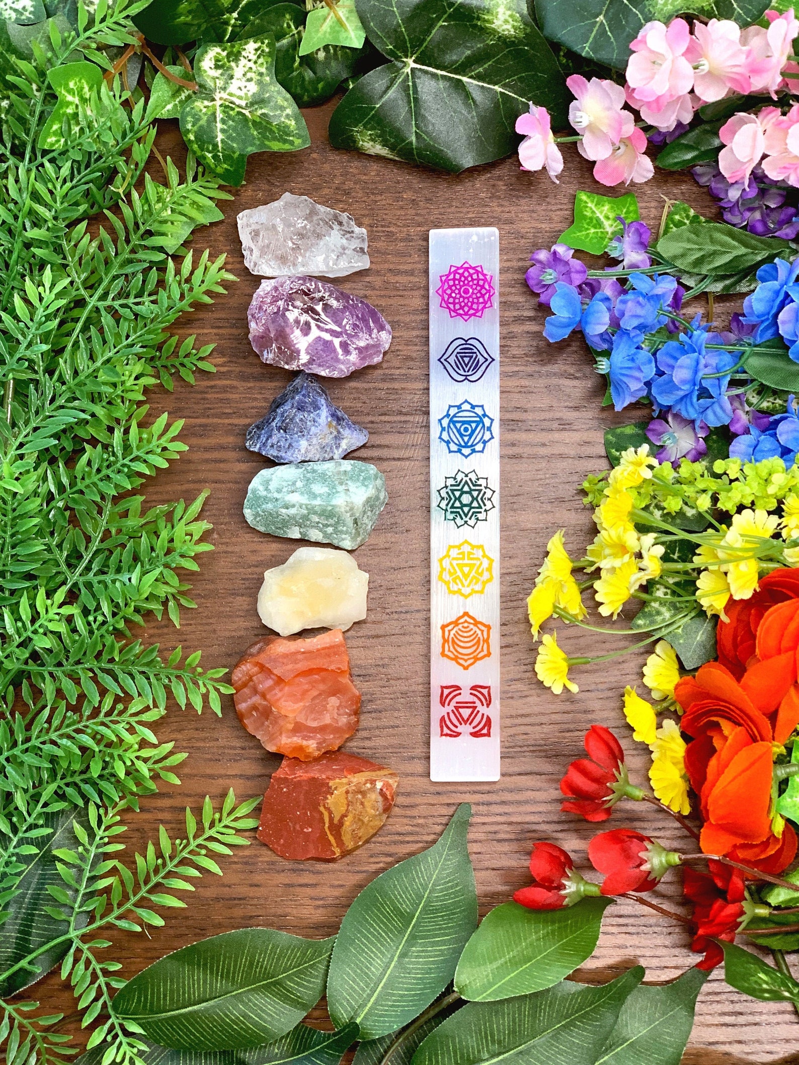 7 Chakras Selenite & Raw Crystal Set | Rough Chakra Crystals, 7 Inch ...