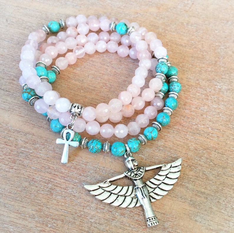 108 Mala Beads Pink Rose Quartz & Turquoise Howlite Mala | Etsy