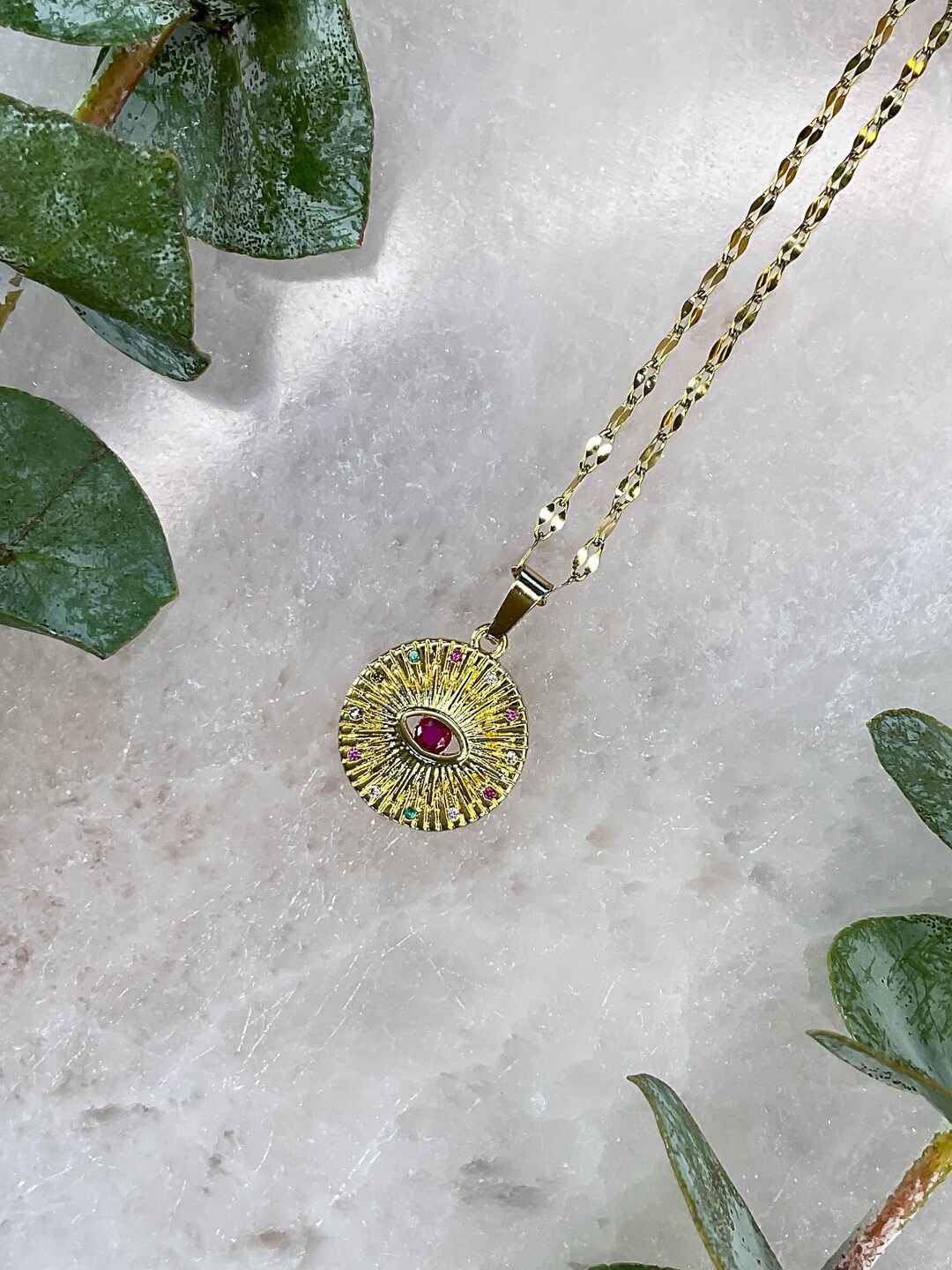 Evil Eye Rhinestone Gold Medallion Necklace | Evil Eye Protection ...