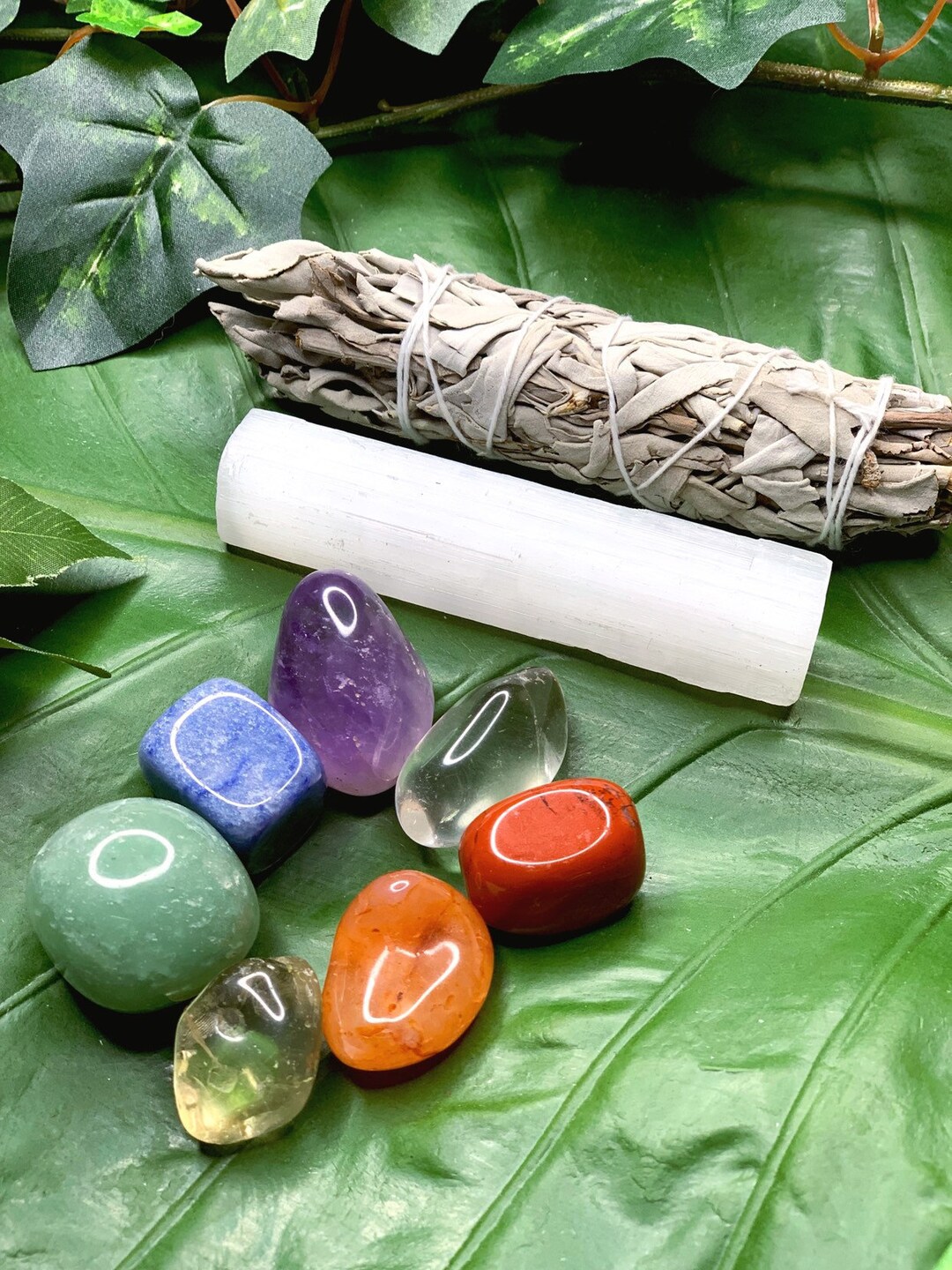 7 Chakras Crystal Gift Set | W/ 4 In. Sage Bundle & Selenite Wand ...