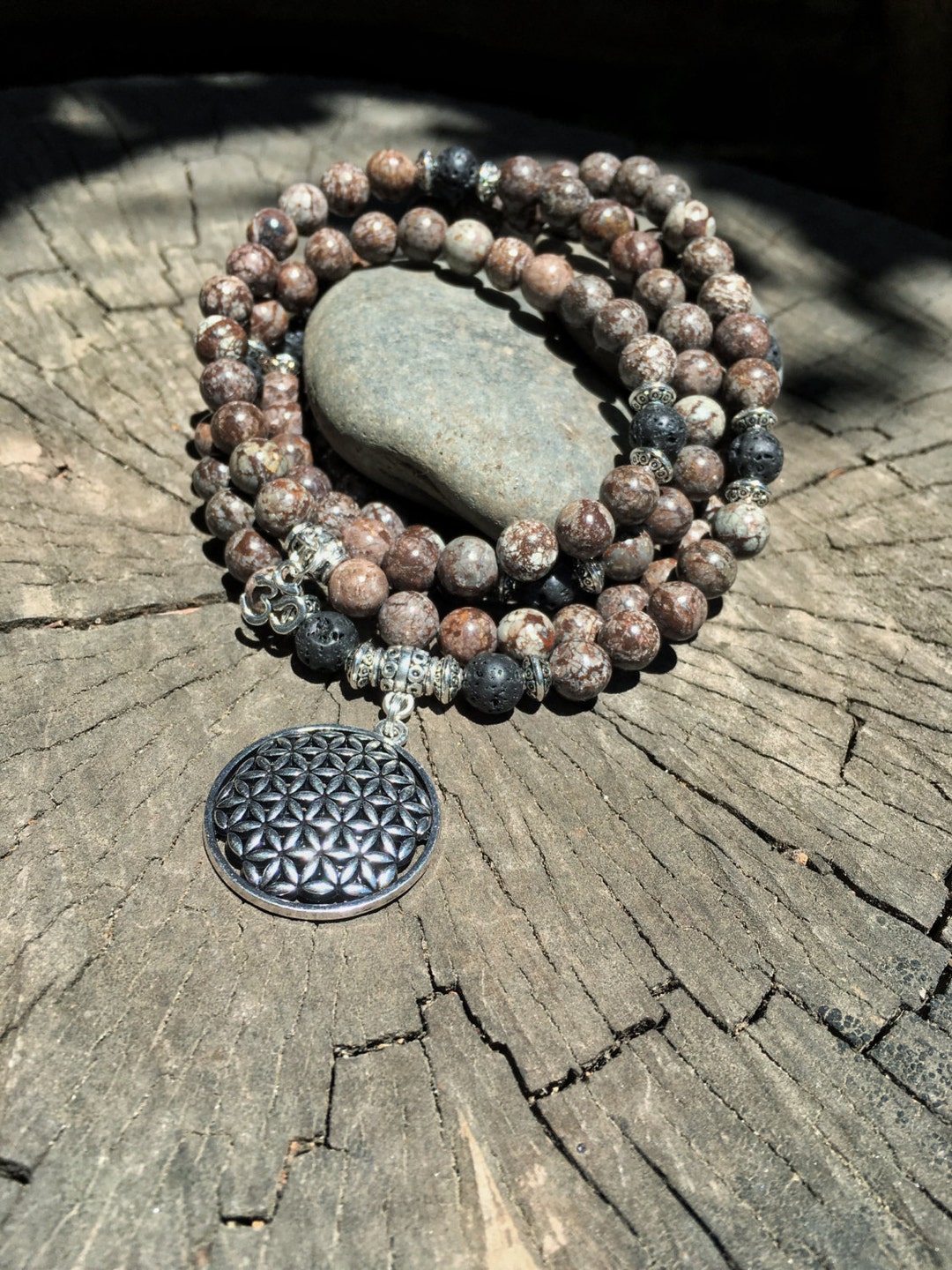 FLOWER OF LIFE Chocolate Jasper Mala Beads | 108 Unisex Mala Necklace ...