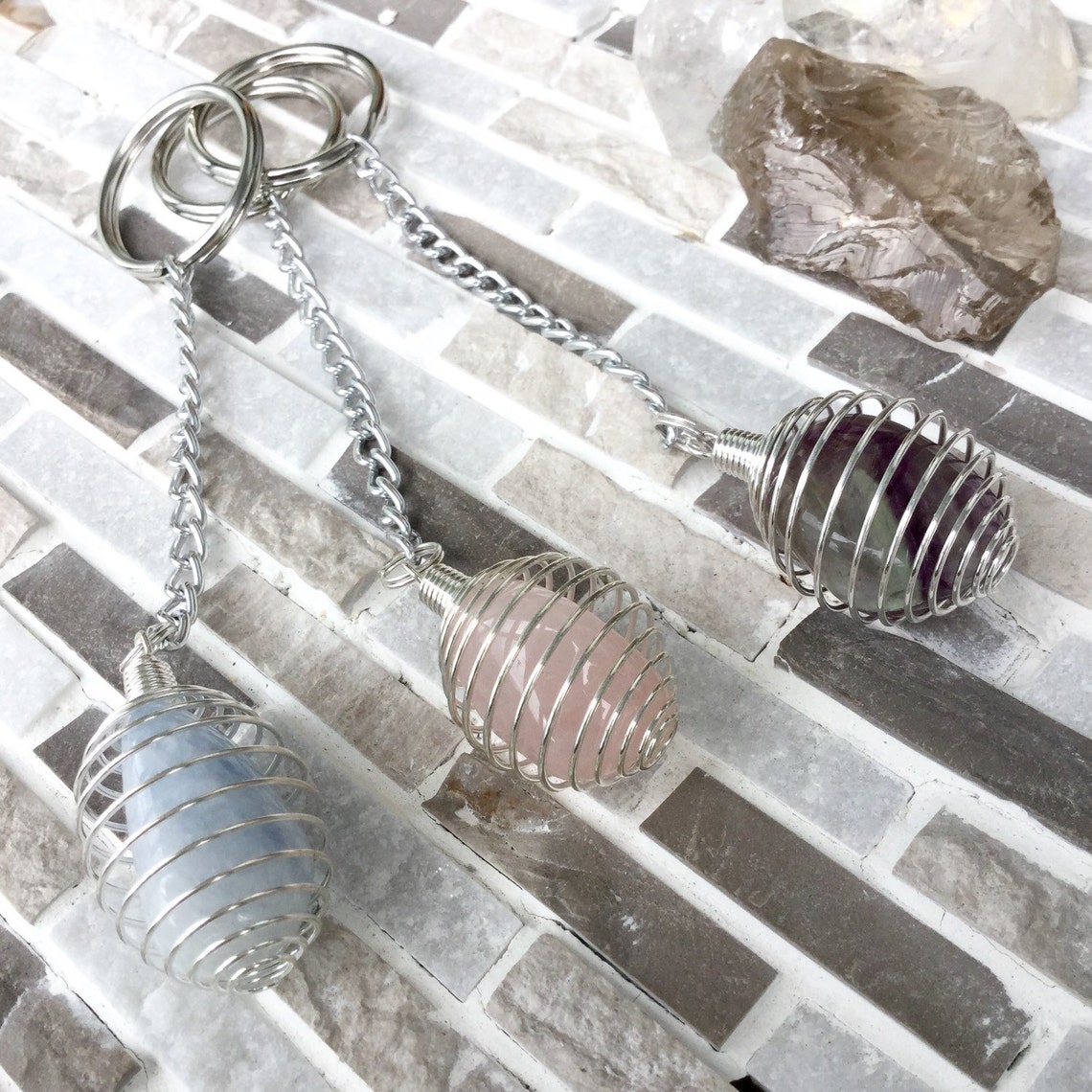 CRYSTAL KEYCHAIN Bead Cage Key Ring on Silver Chain - Etsy