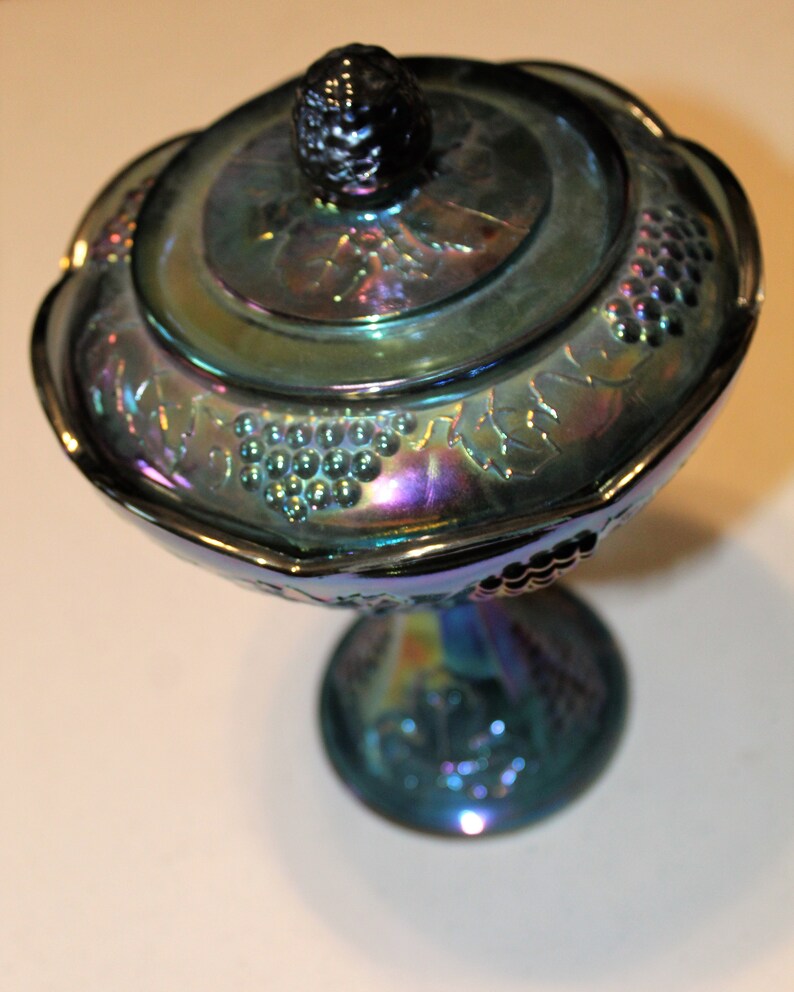 Blue Iridescent Carnival Glass Covered Compote - Etsy