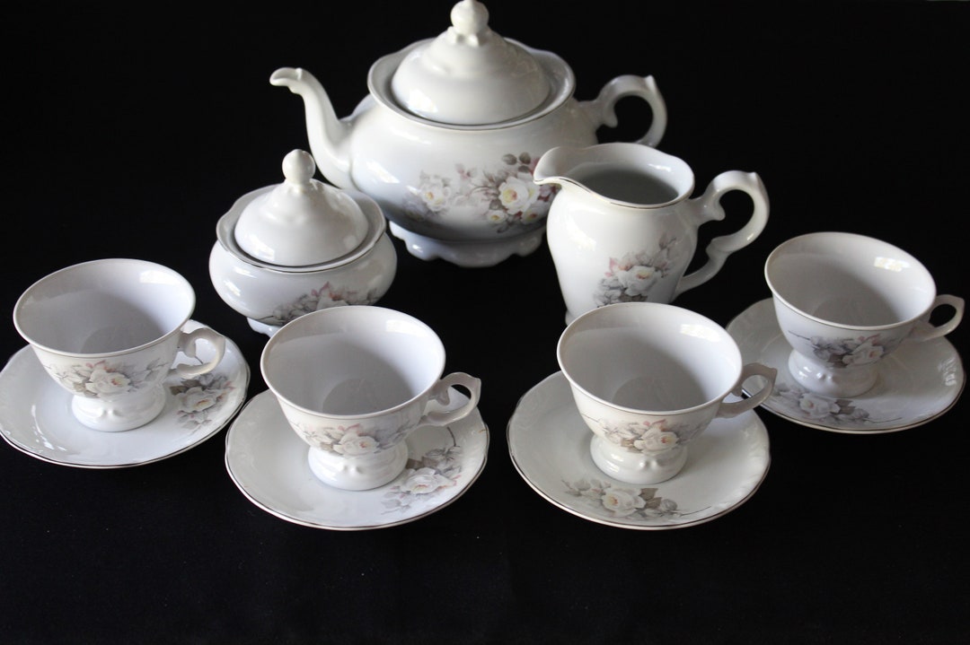 Schmidt Porcelain White Rose Tea Pot Creamer Sugar & Four Cups and ...