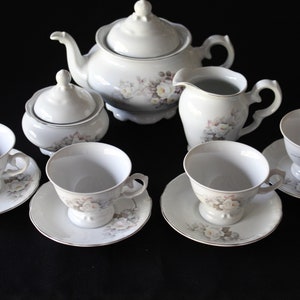 Schmidt Porcelain White Rose Tea Pot Creamer Sugar & Four Cups and ...