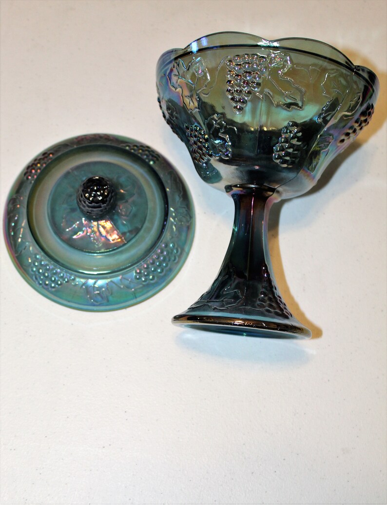 Blue Iridescent Carnival Glass Covered Compote - Etsy