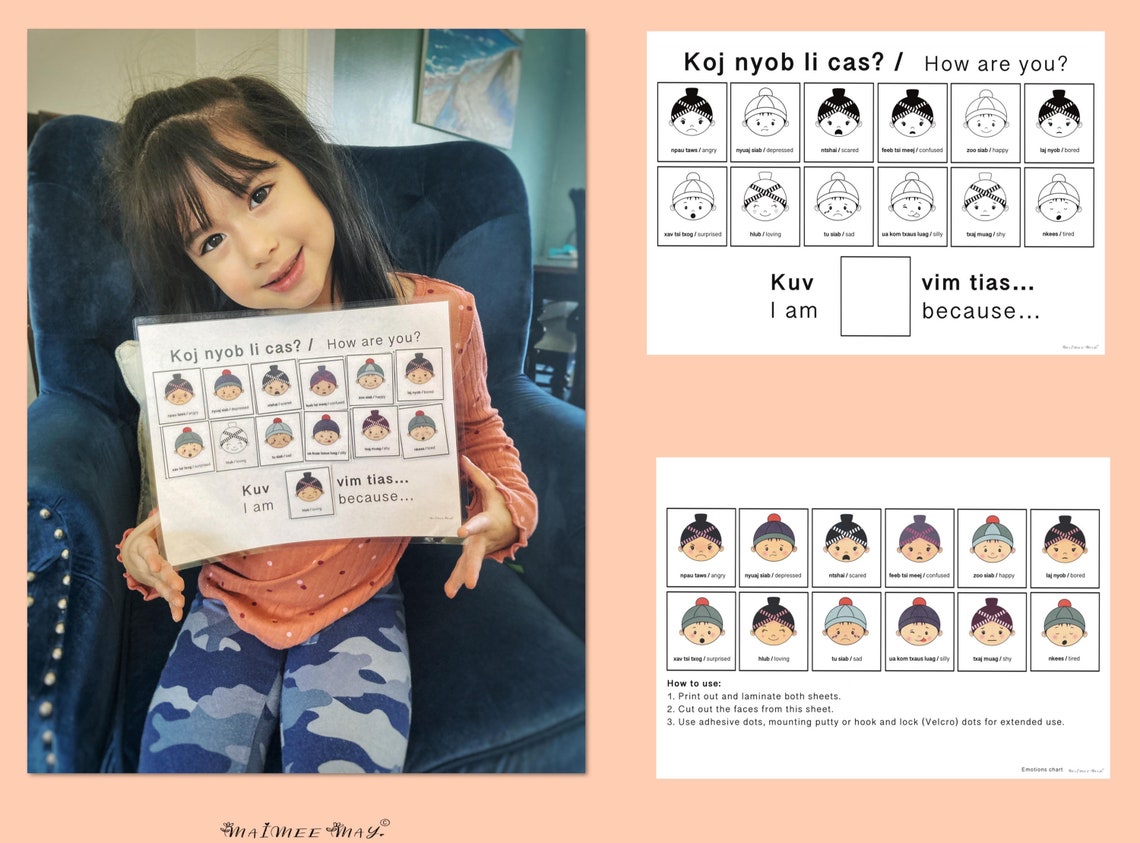 Hmong Feelings - Activity Chart/board - Emotions/feelings - Hmoob ...