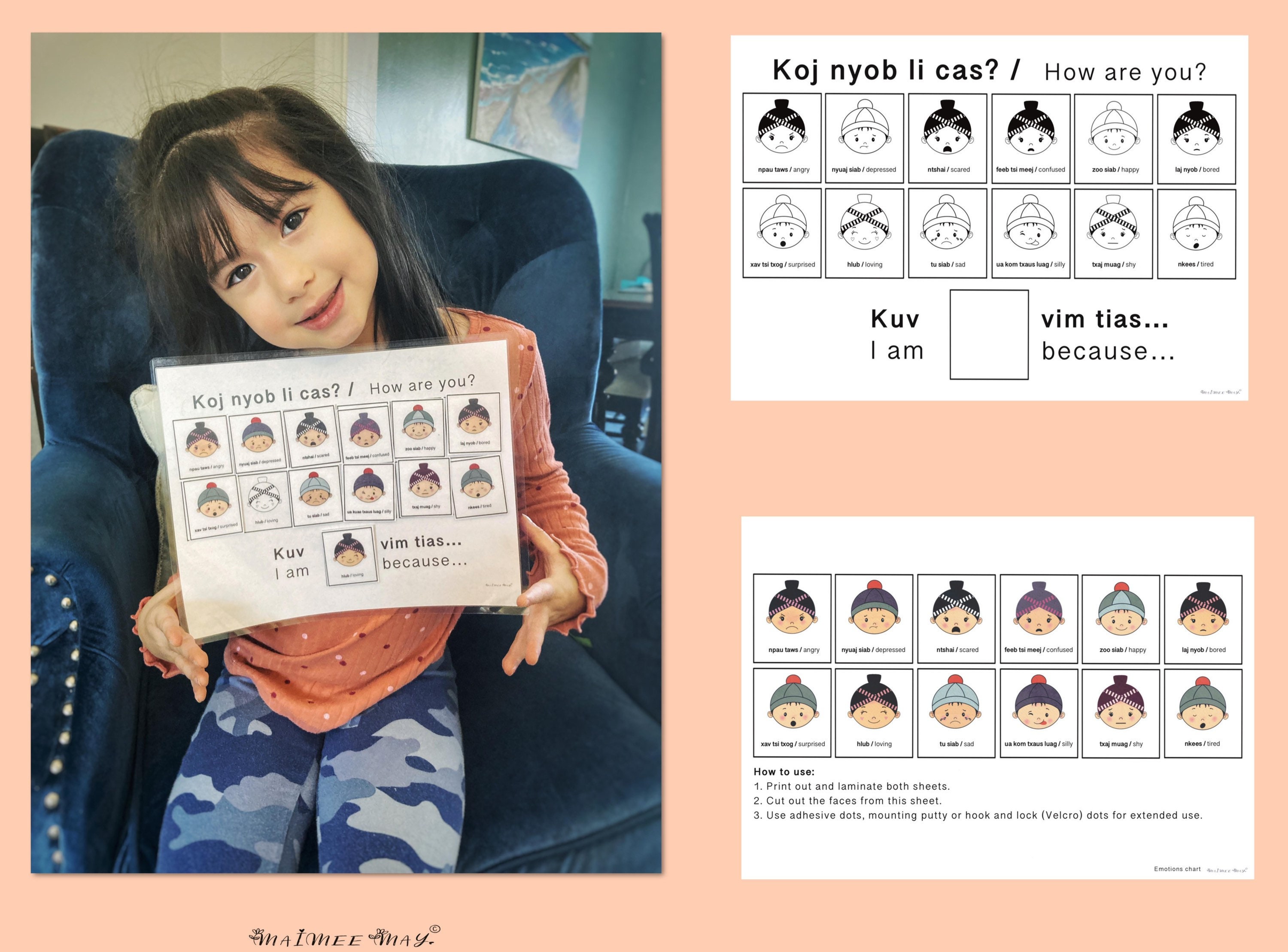 Hmong Feelings - Activity Chart/board - Emotions/feelings - Hmoob ...