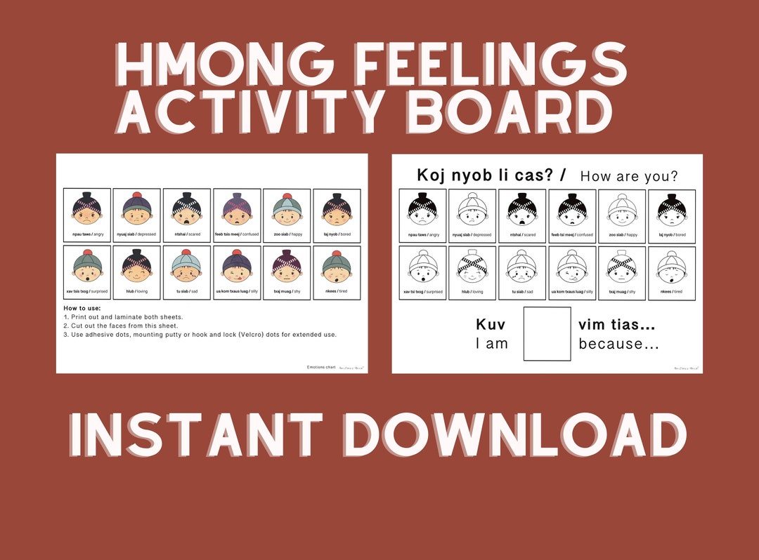 Hmong Feelings - Activity Chart/board - Emotions/feelings - Hmoob ...