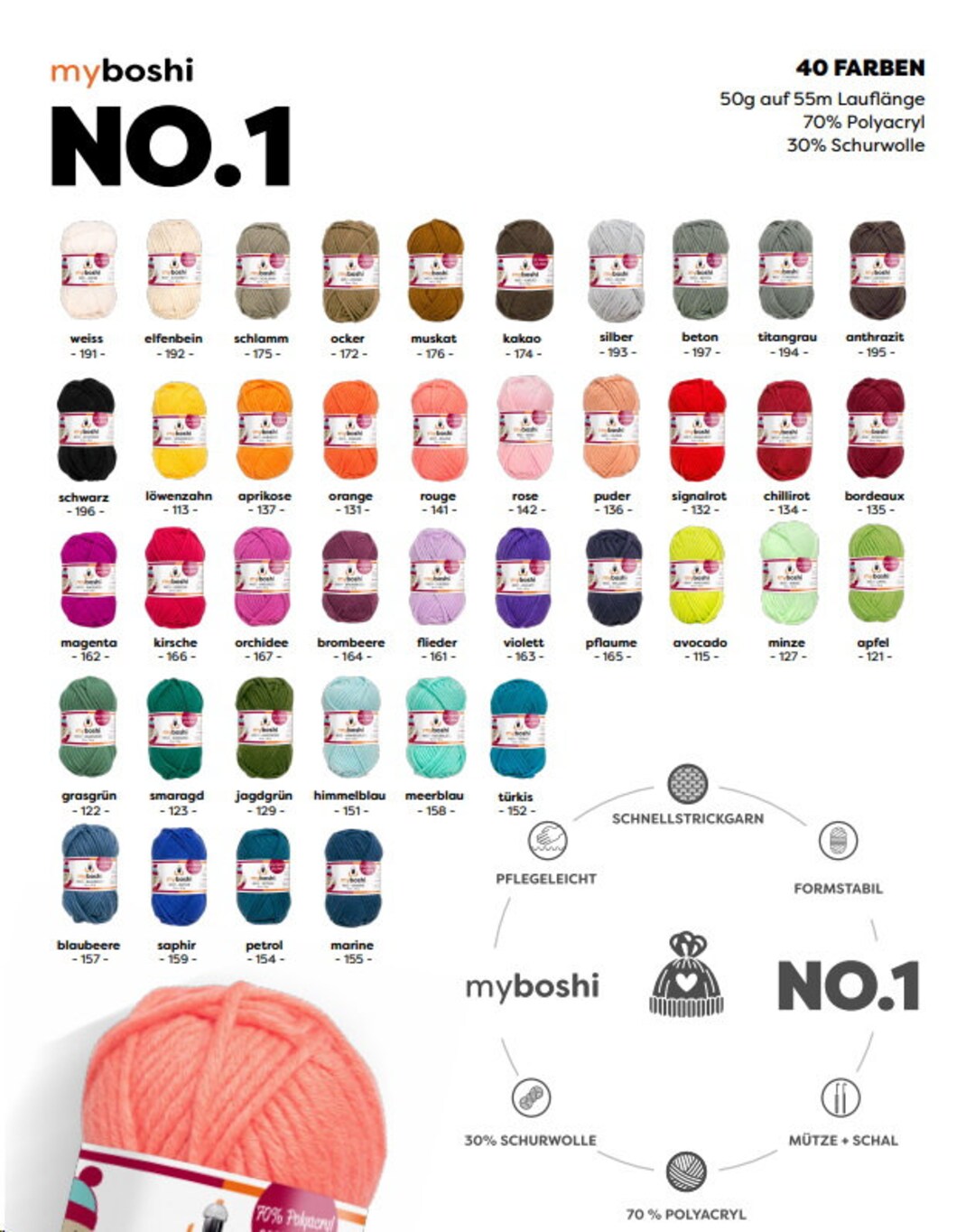 NO.1 Myboshi the Standard Yarn in 40 Colors, 50g55 M, Virgin Wool ...