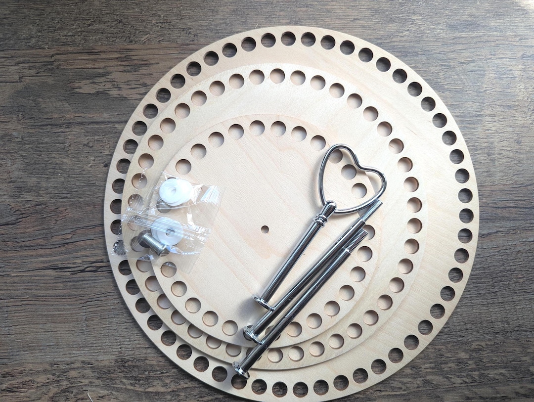 Wooden Base With Hole and Rods for a Crocheted Tiered Stand; Round ...