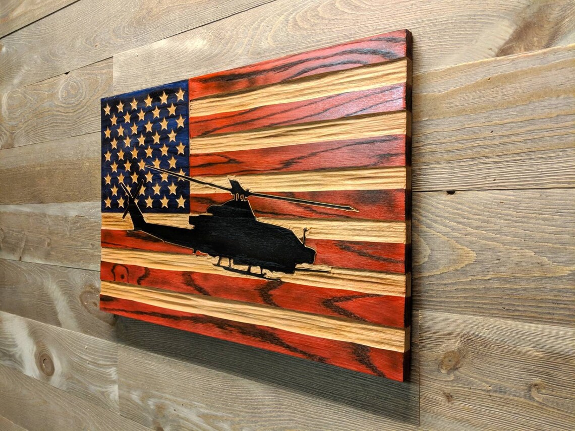 Custom Carved Flags With Helicopter Overlaid on Red White and - Etsy