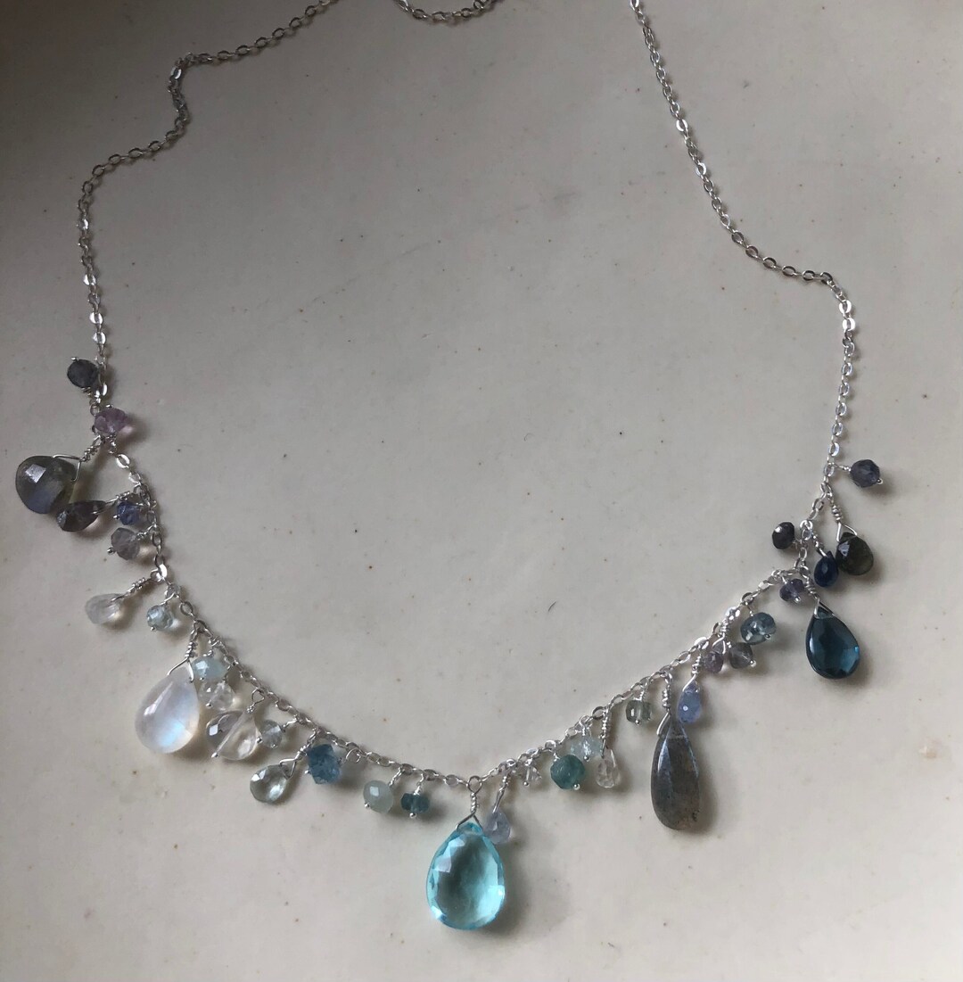 Multi Gemstone Necklace Genuine Sterling Silver OOAK Labradorite Moonstone Blue Quartz London ...