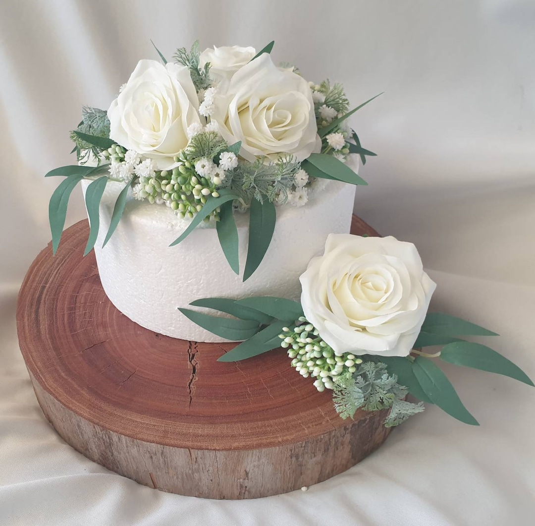 Rustic Rose Cake Topper White Open Roses and Eucalyptus Silk Fake ...
