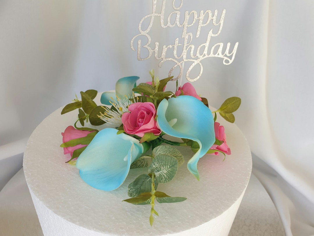 Birthday Flower Cake Topper Calla Lily Rose Eucalyptus With Text Pick ...