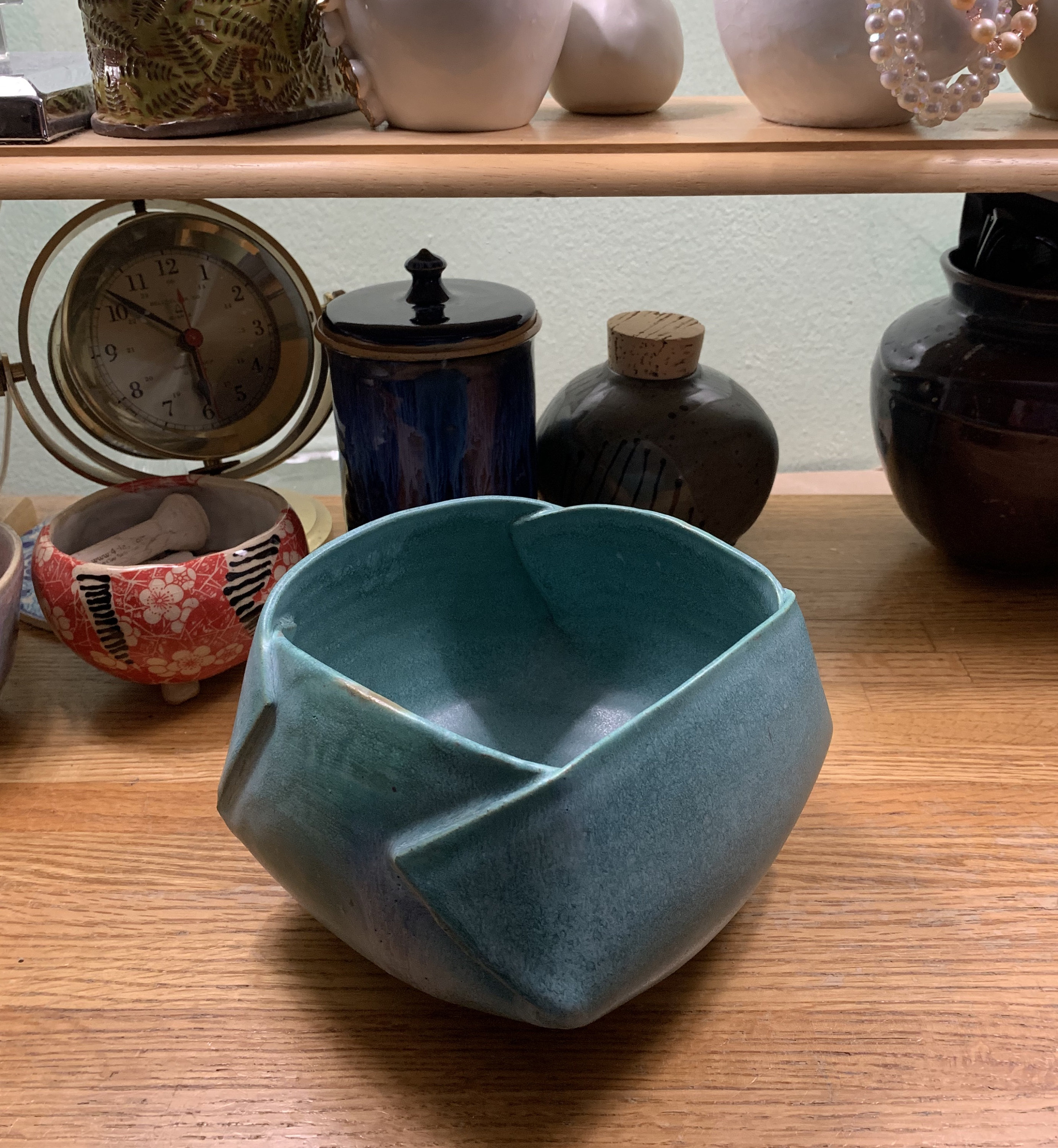 Square Ceramic Origami Bowl in Satin Teal Glaze