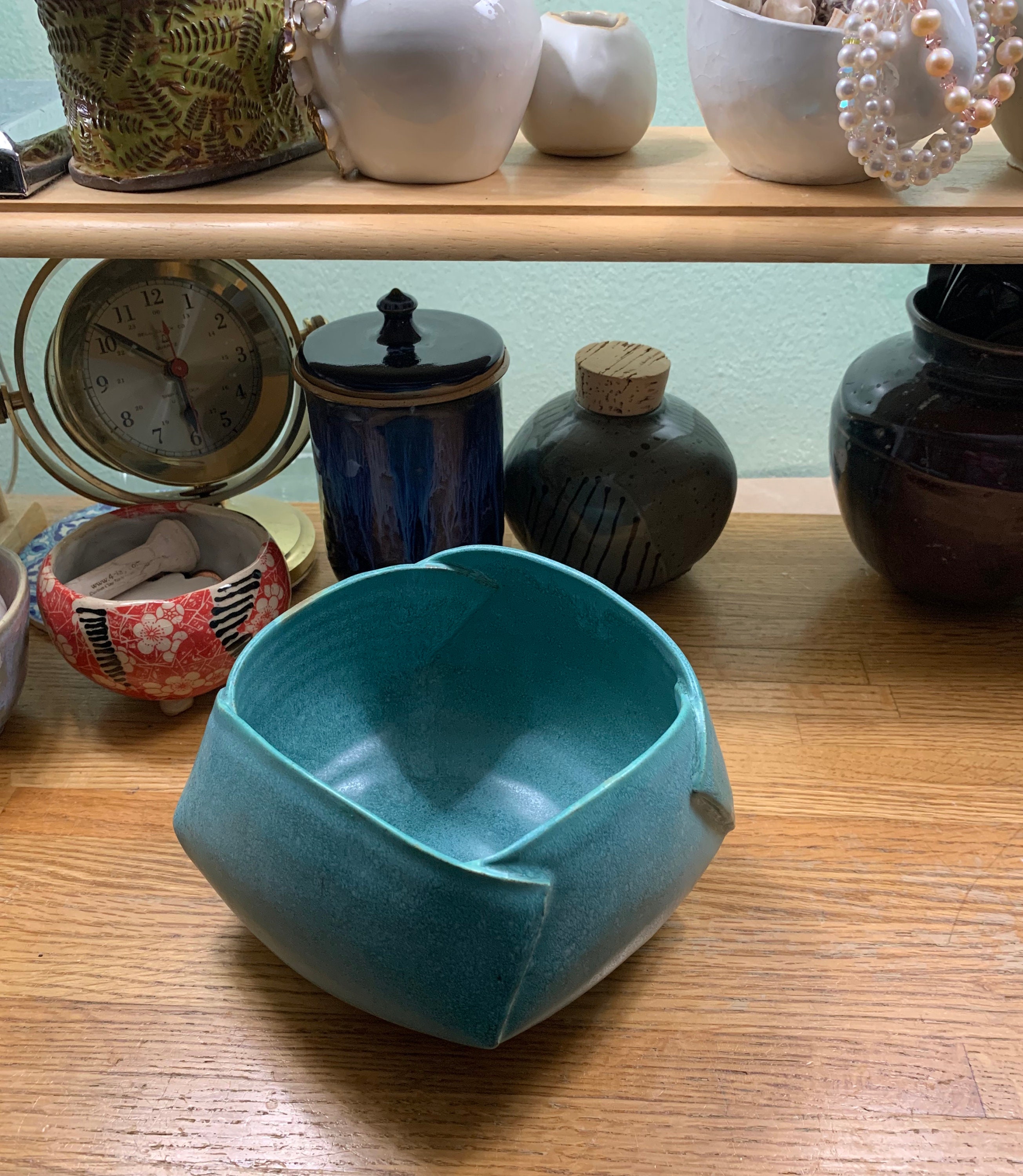 Square Ceramic Origami Bowl in Satin Teal Glaze