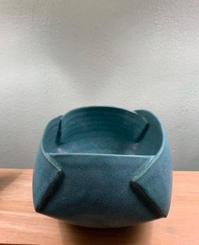 Square Ceramic Origami Bowl in Satin Teal Glaze