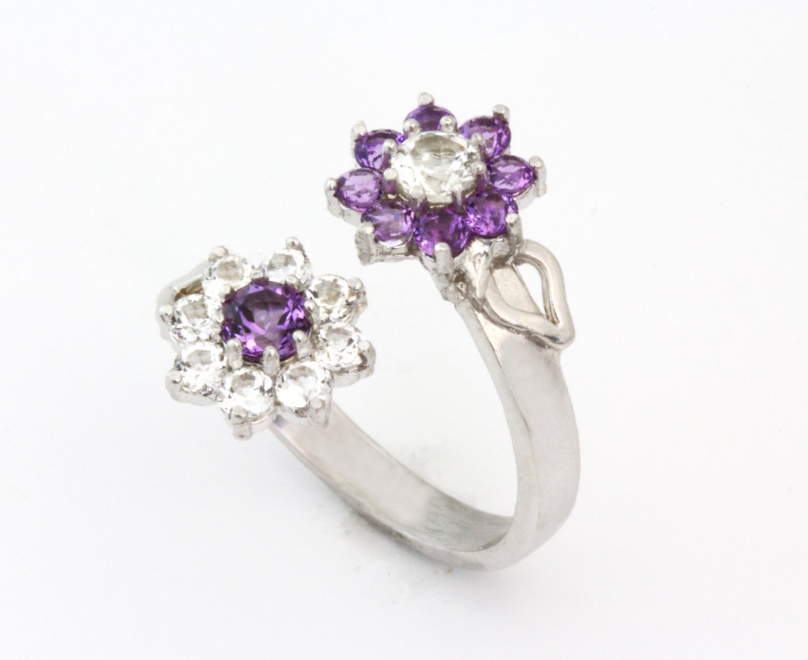Silver Amethyst Ring, Amethyst Flower Ring, Floral Jewelry, Adjustable ...