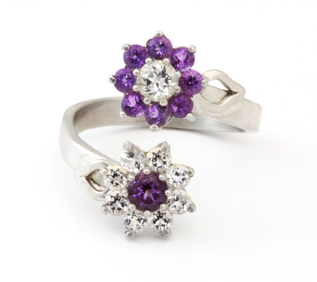 Silver Amethyst Ring, Amethyst Flower Ring, Floral Jewelry, Adjustable ...