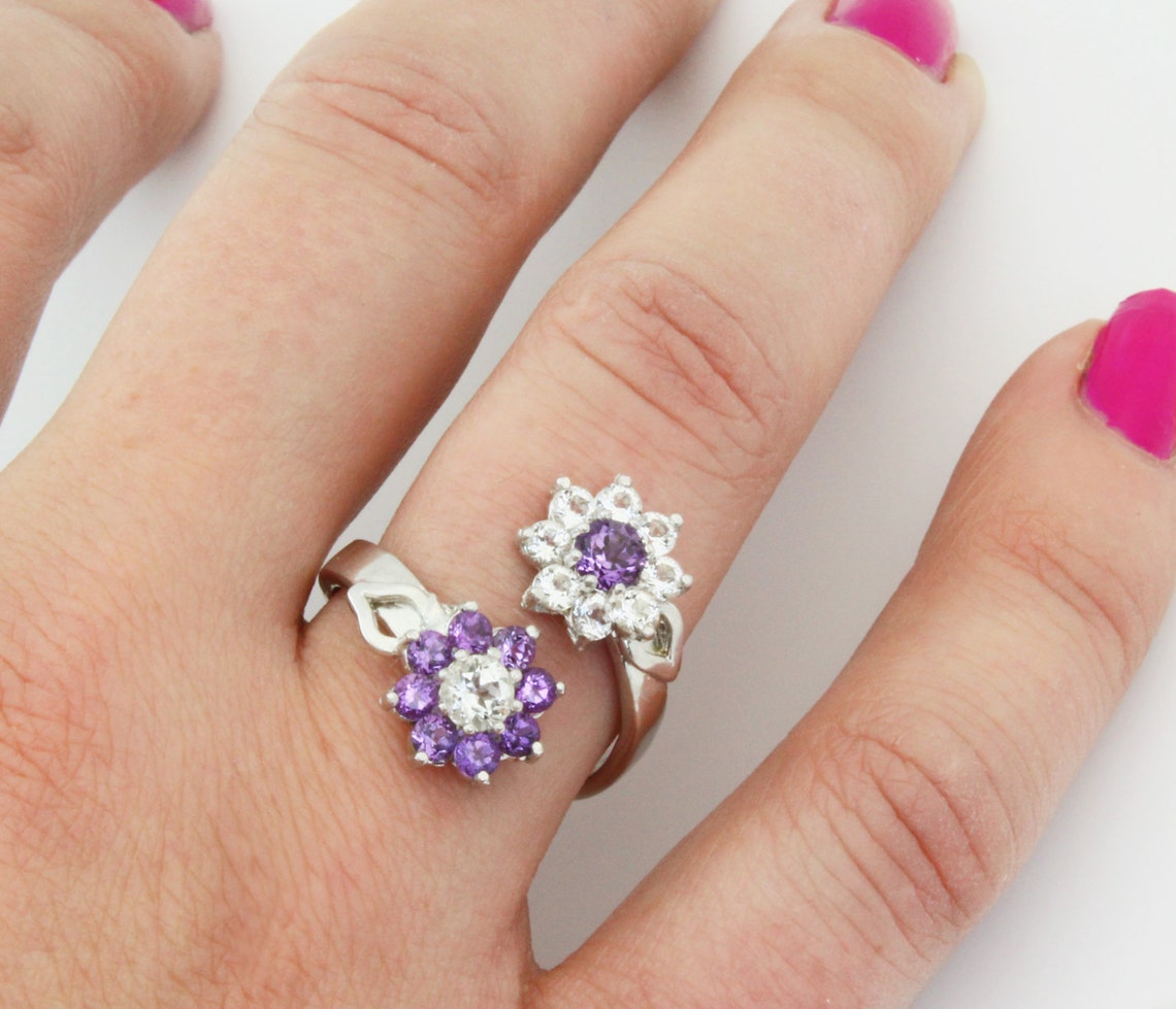 Silver Amethyst Ring, Amethyst Flower Ring, Floral Jewelry, Adjustable ...