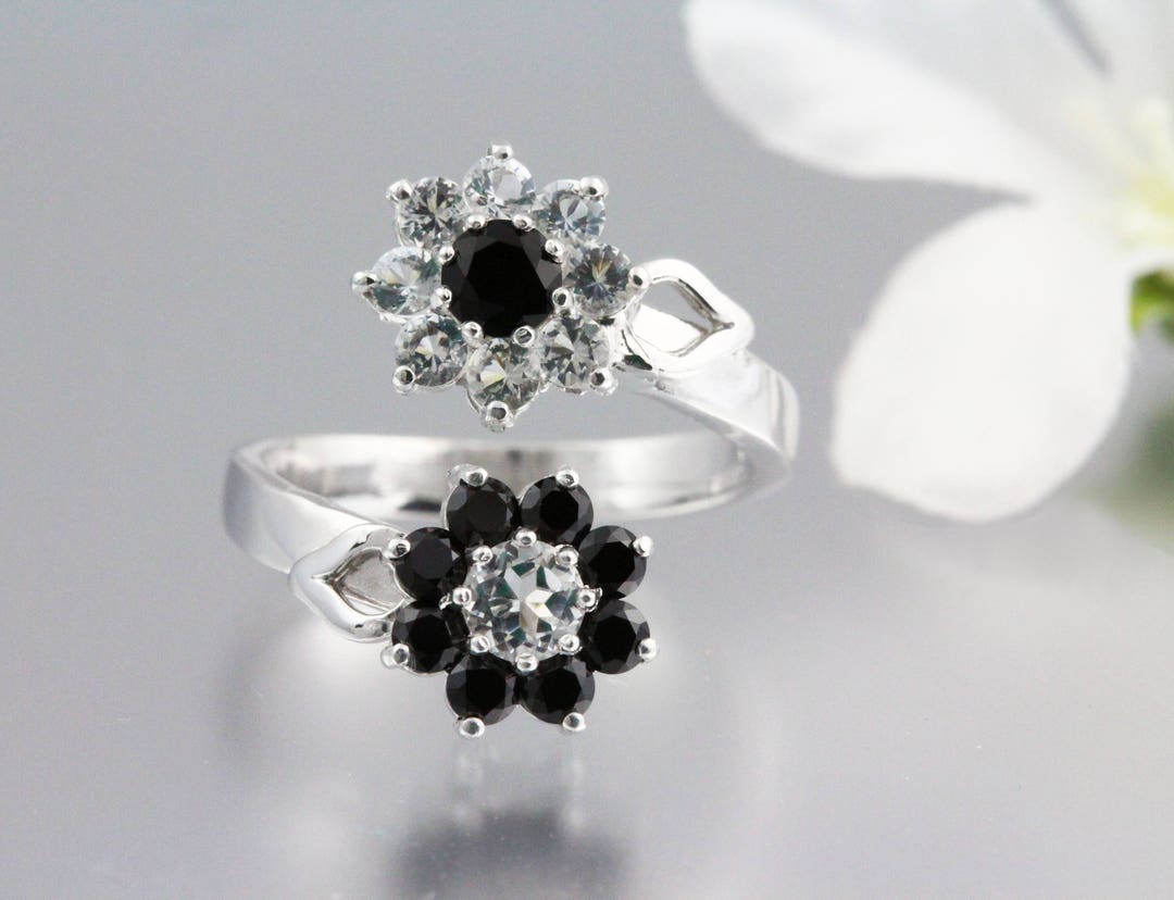 Onyx Flower Ring, Sterling Silver Whitetopaz Ring, Floral Jewelry, Fine ...