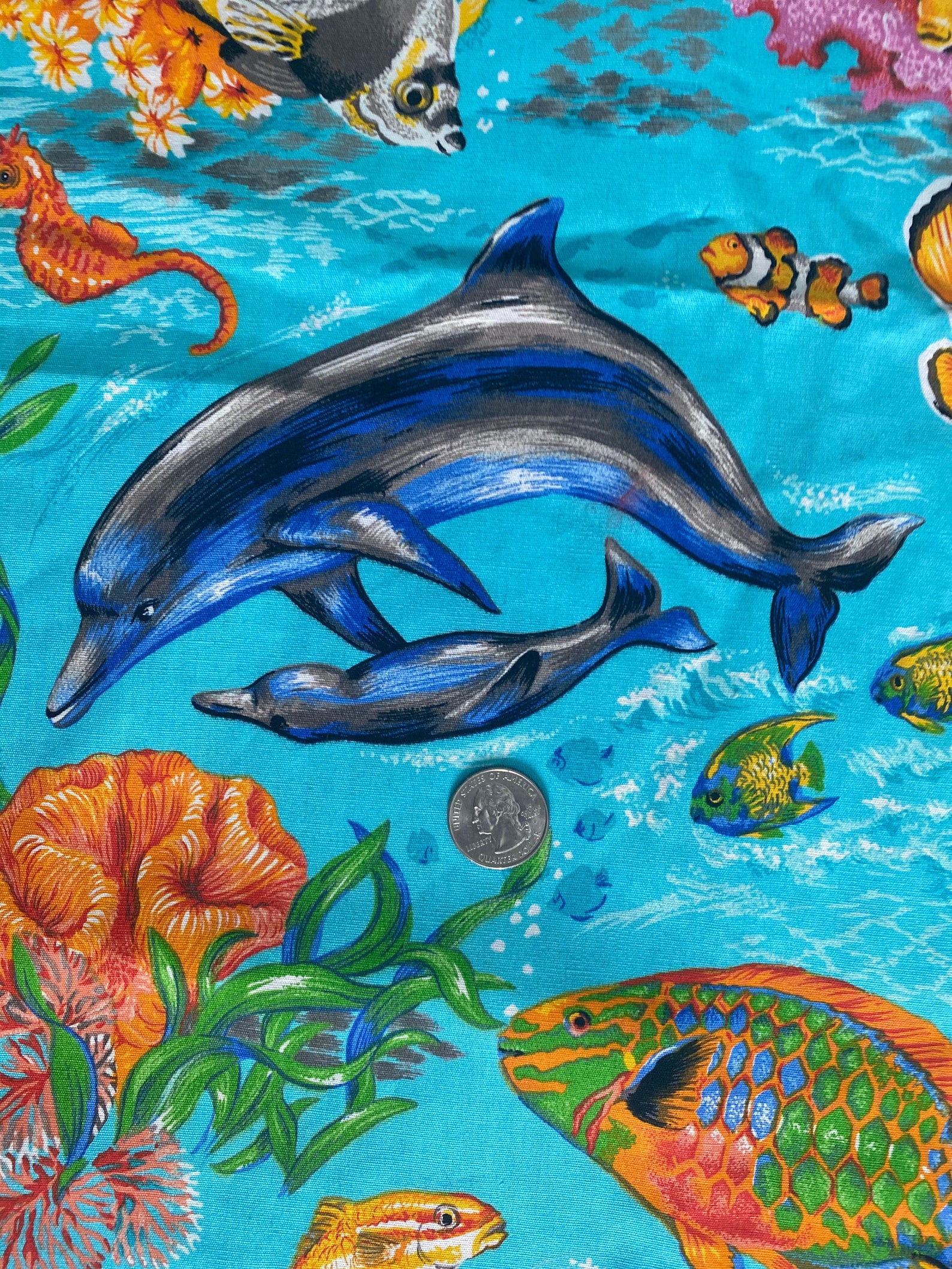 Tropical Fish and Dolphin Print Fabric on Aqua Background by the ...