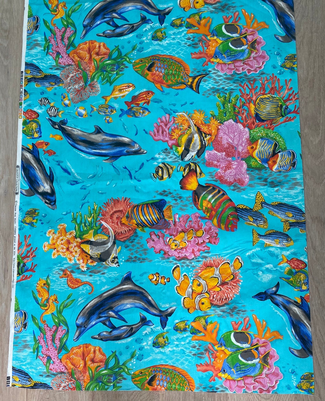 Tropical Fish and Dolphin Print Fabric on Aqua Background by the ...