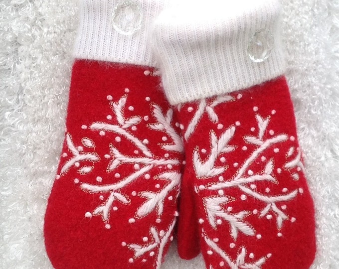 Felted Wool Red and White Snowflake Repurposed Sweater Mittens - Etsy