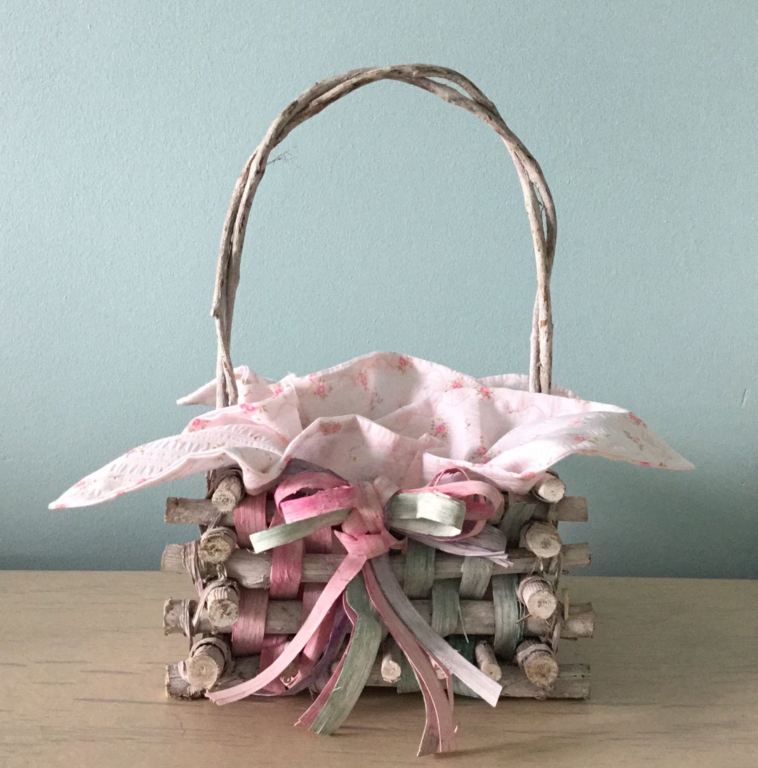 Flower Girl or Easter Woven Twig Basket With Grey Pink Purple Green ...