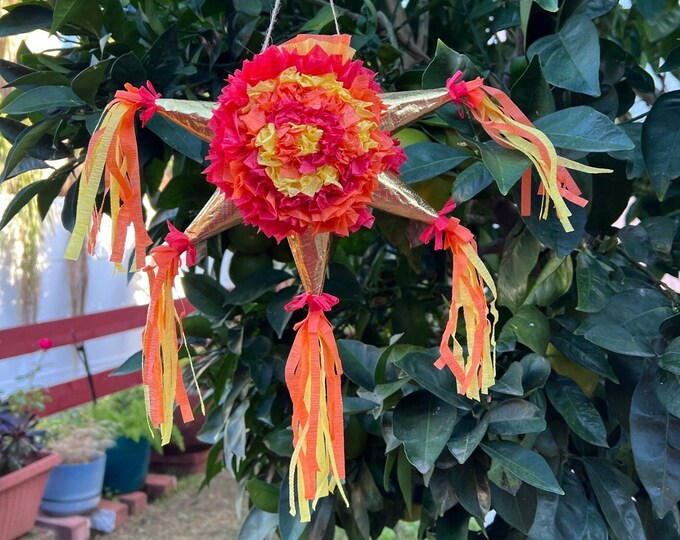 Mini Five Point Star Piñata, Hand Made, Golden Points, Orange, Yellow ...