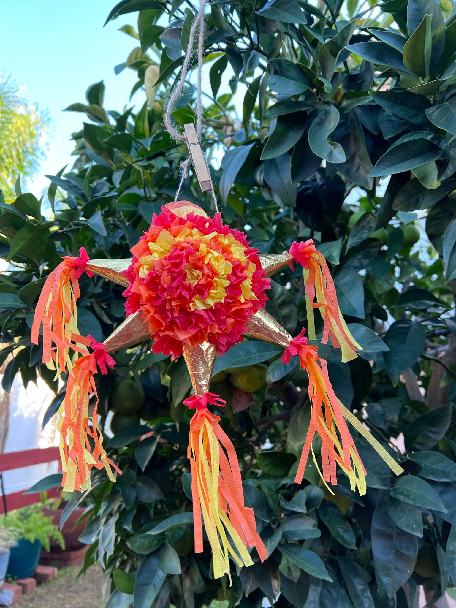 Mini Five Point Star Piñata, Hand Made, Golden Points, Orange, Yellow ...