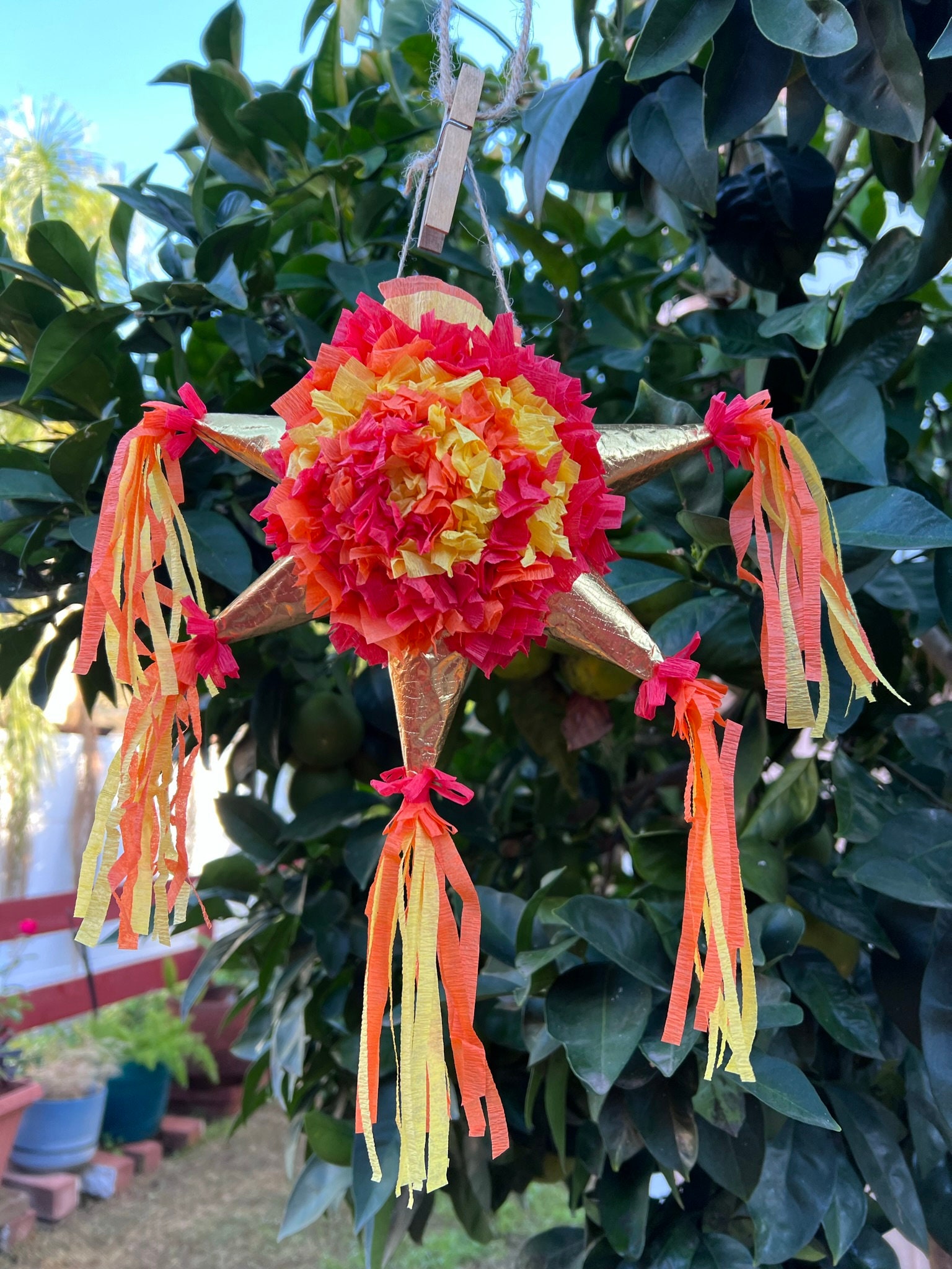 Mini Five Point Star Piñata, Hand Made, Golden Points, Orange, Yellow ...