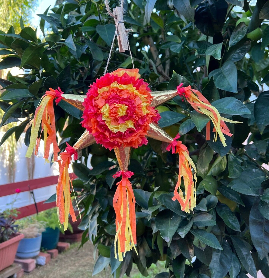 Mini Five Point Star Piñata, Hand Made, Golden Points, Orange, Yellow ...