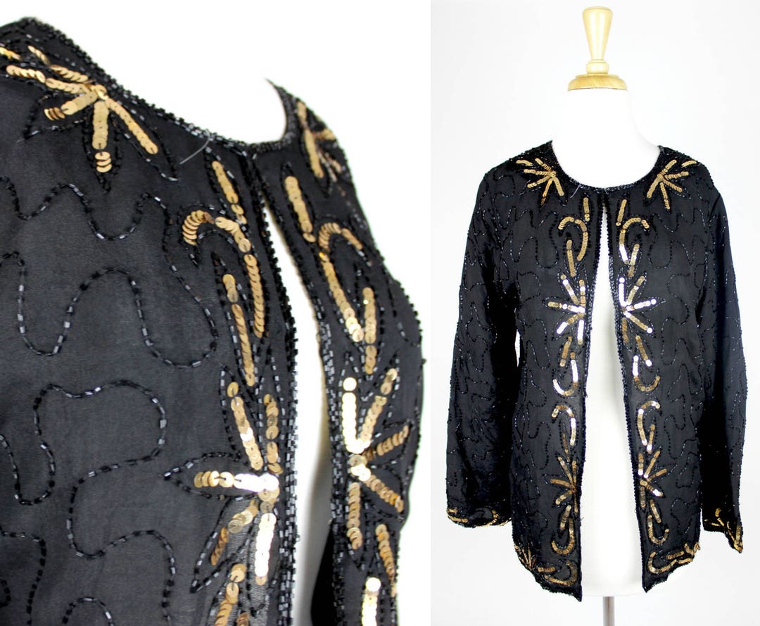 NWT Vintage Sequin Jacket Black Gold Blazer Beaded New Large Headstock ...