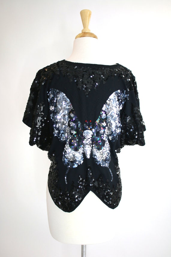 Sequin Top Butterfly Black Silver Vintage Batwing - Gem