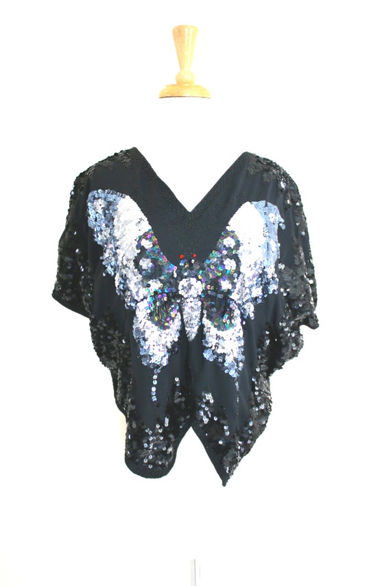 Sequin Top Butterfly Black Silver Vintage Batwing - Gem