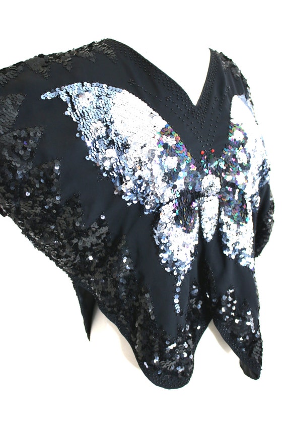 Sequin Top Butterfly Black Silver Vintage Batwing - Gem