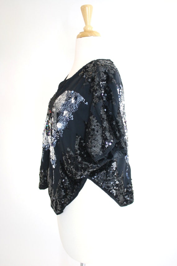 Sequin Top Butterfly Black Silver Vintage Batwing - Gem