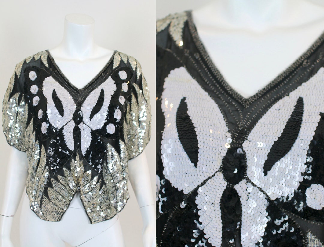 Sequin Butterfly Top Batwing Silver Black - Etsy